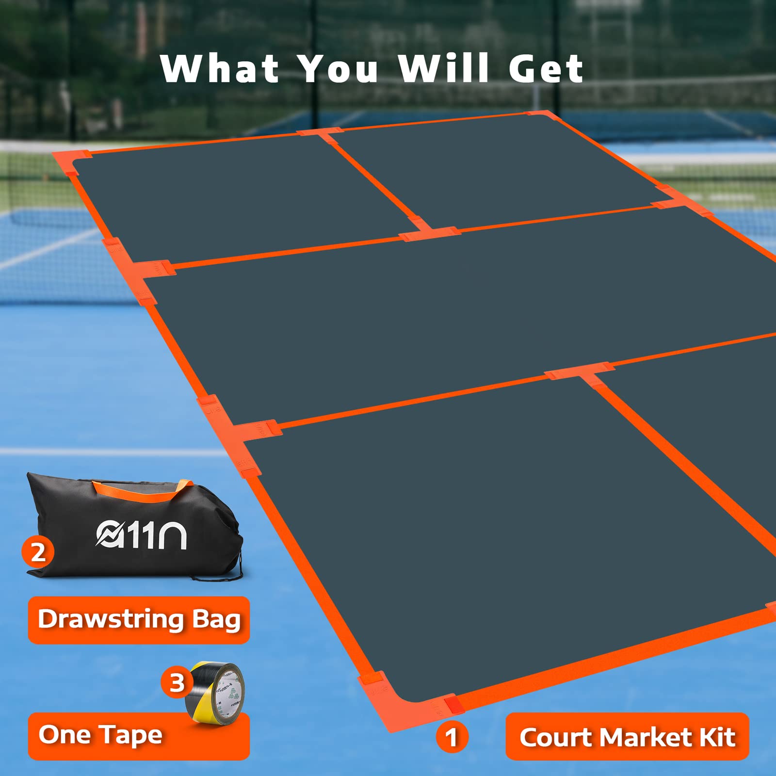 A11N Pickleball Court Marking Kit - Temporary Pickleball Boundary Lines in Standard Court Dimensions, No Measurement Required, Neon Orange