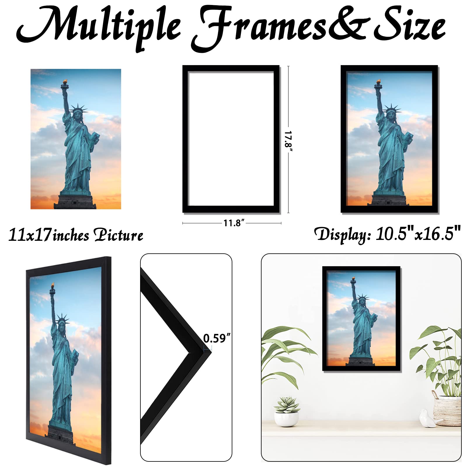 OMAIGAR 11x17 Picture Frame for 11by17 Poster Photo Canvas Certificate Black High Transparent Poster Frame Wall Desktop Horizontal Vertical 11 x 17