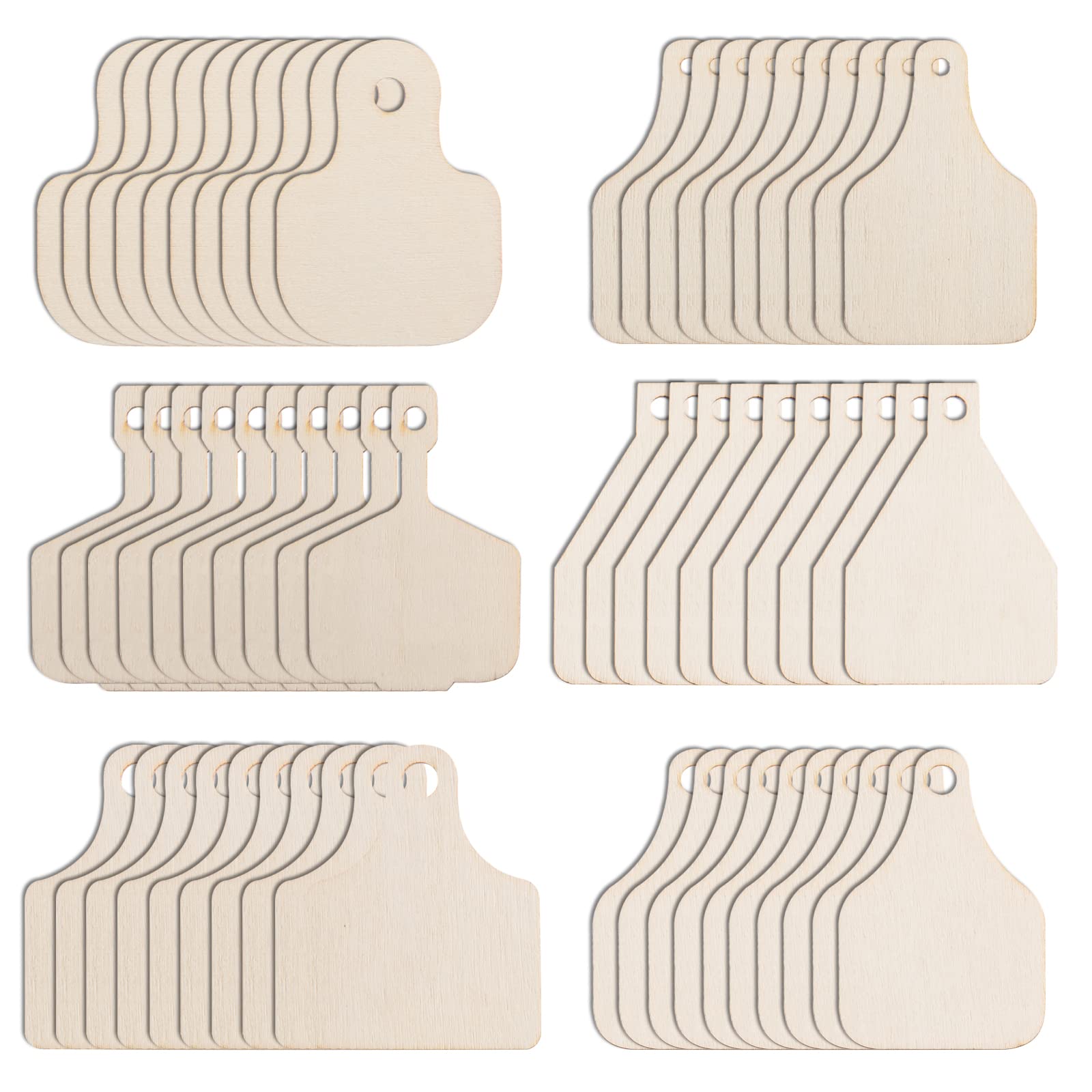 72 Pcs Wooden Cow Ear Tags Unfinished Wood Hanging Cow Tags Blank Wooden Cow Ear Labels Farmhouse Wooden Tags Ornaments with Ropes for DIY Crafts Christmas Wedding Birthday Party Decoration,6 Shapes