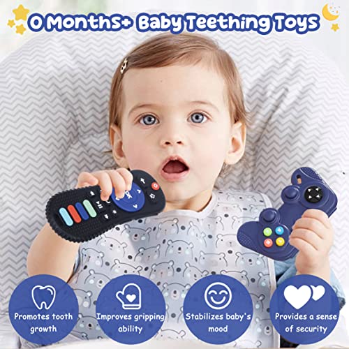 FXK Baby Teething Toys, 2 Pack TV Remote Control & Game Controller Shape Teether Toys, BPA Free Chew Toys Set for Babies 6-12 Months(Black+Blue)