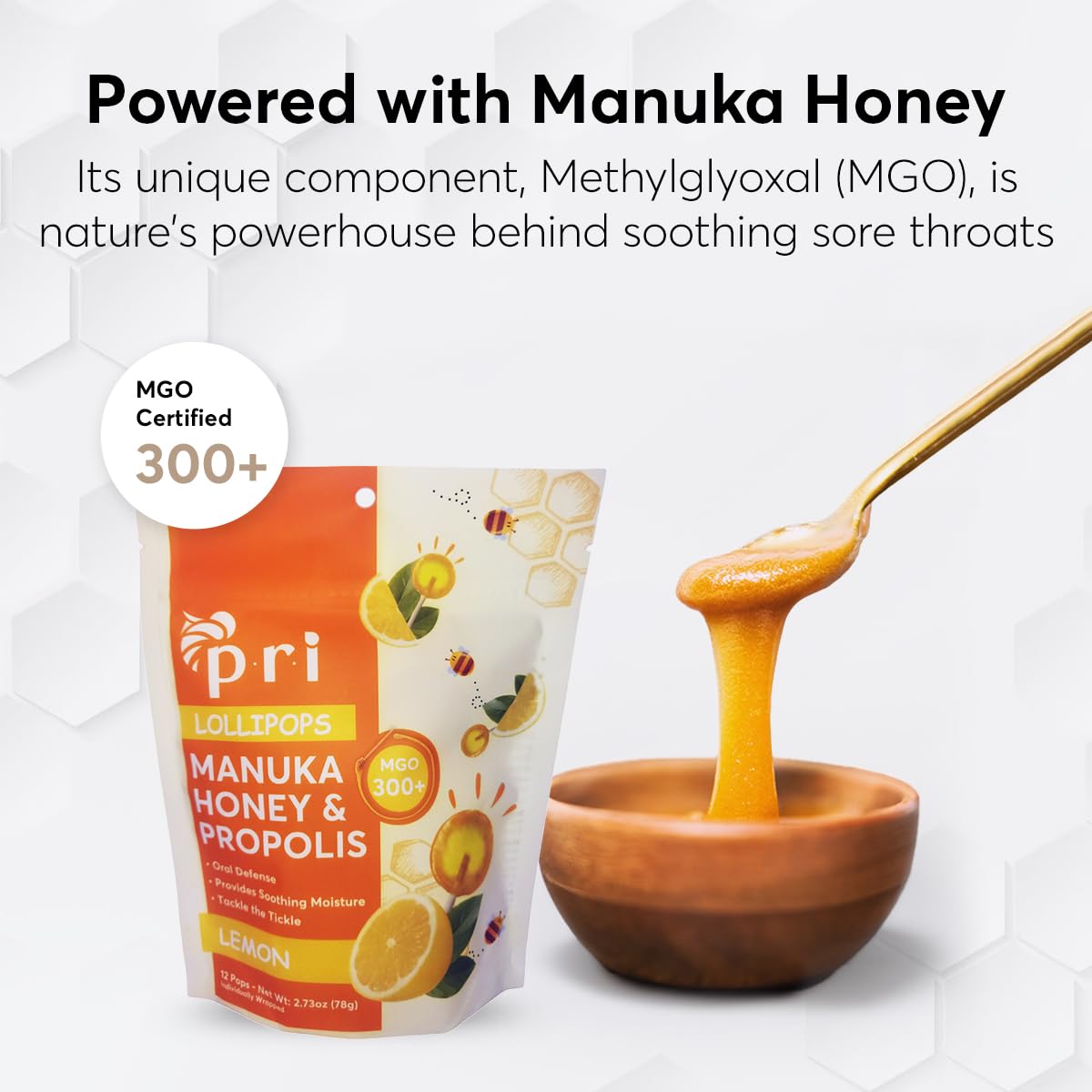 P.R.I Manuka Honey Lollipops with Propolis, Certified MGO 300+ - Throat Soothing, Lemon Flavor, (24 Lollipops, 5.46oz)