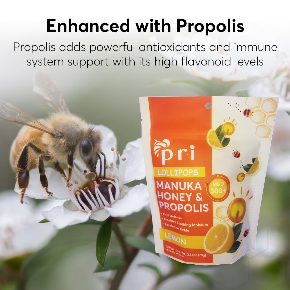 P.R.I Manuka Honey Lollipops with Propolis, Certified MGO 300+ - Throat Soothing, Lemon Flavor, (24 Lollipops, 5.46oz)