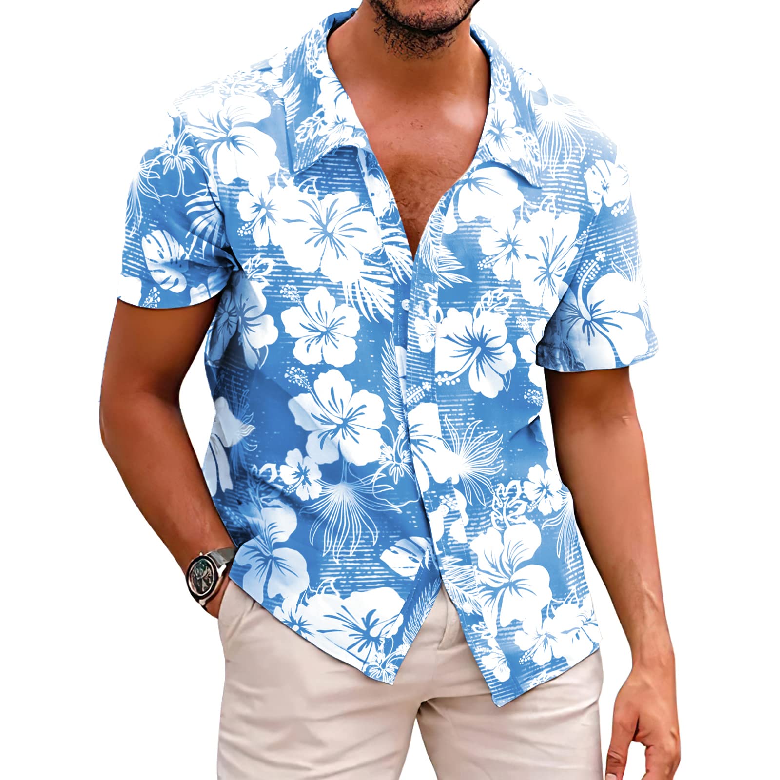 Men's Novelty Hawaiian Floral Shirt Summer Casual Button Down Tropical Holiday Beach Shirts Blue