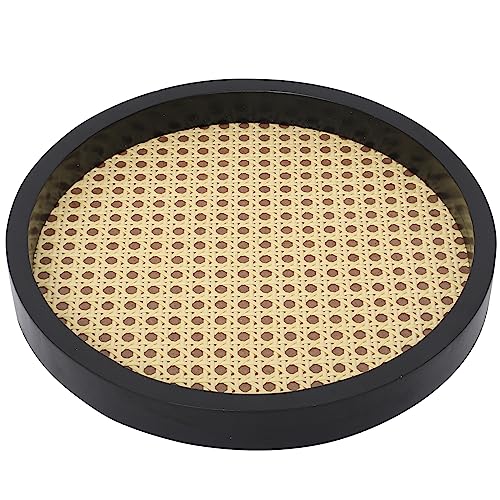 SwallowLiving Decorative Round Serving Tray with Imitated Rattan Handmade Ottoman Tray Boho Basket Wooden Black Frame Storage Tray 11.8” x 1.3“