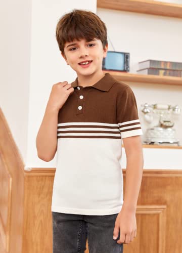 Boys Short Sleeve Polo Shirt, Button Closure, Knit Stretch Stripe T-Shirts for Kids and Teens 5-14 Years Brown