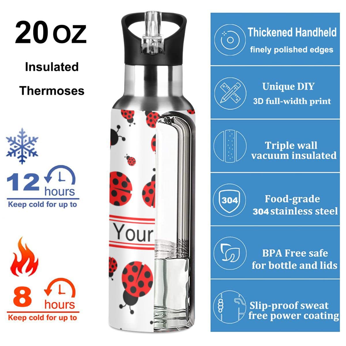 ZOEO Custom Water Bottle with Straw, Ladybug Childish Lid Thermos Kids Insulated Stainless Steel Water Flask Sports, 20 Oz Hot Cold