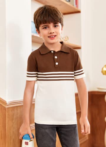 Boys Short Sleeve Polo Shirt, Button Closure, Knit Stretch Stripe T-Shirts for Kids and Teens 5-14 Years Brown