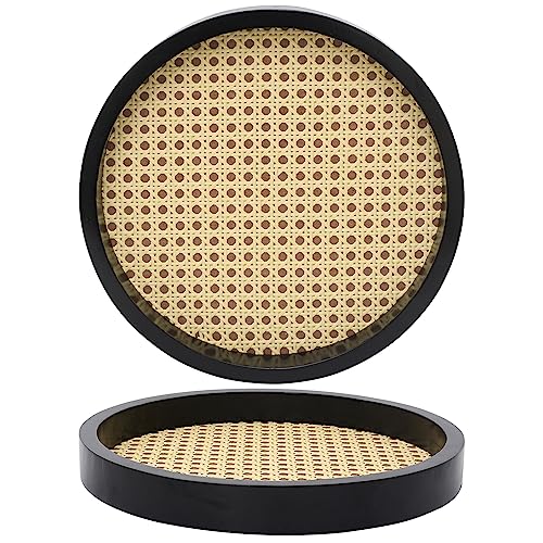 SwallowLiving Decorative Round Serving Tray with Imitated Rattan Handmade Ottoman Tray Boho Basket Wooden Black Frame Storage Tray 11.8” x 1.3“