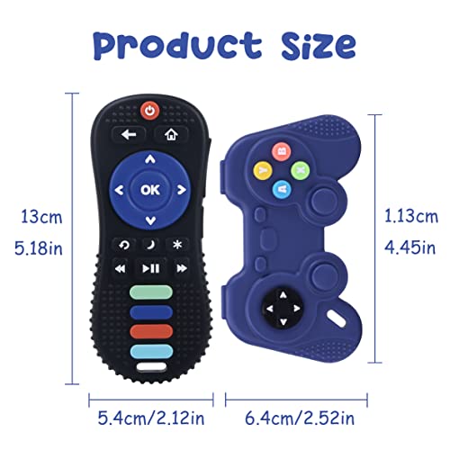 FXK Baby Teething Toys, 2 Pack TV Remote Control & Game Controller Shape Teether Toys, BPA Free Chew Toys Set for Babies 6-12 Months(Black+Blue)