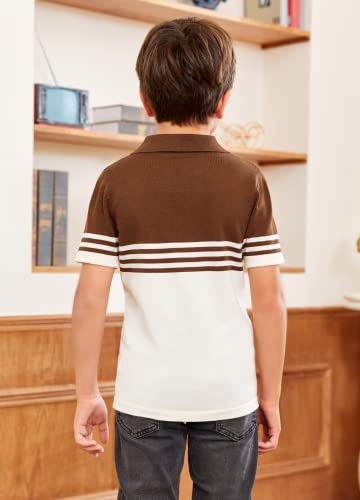 Boys Short Sleeve Polo Shirt, Button Closure, Knit Stretch Stripe T-Shirts for Kids and Teens 5-14 Years Brown