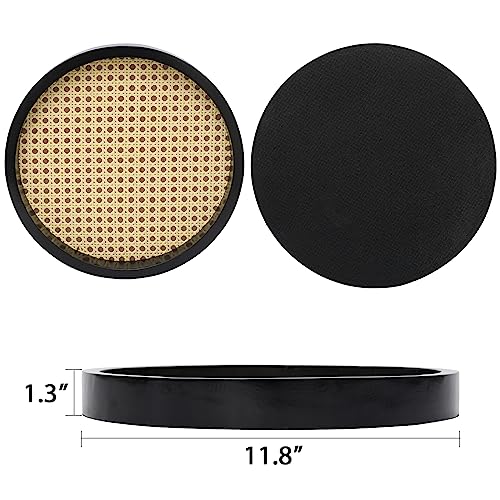 SwallowLiving Decorative Round Serving Tray with Imitated Rattan Handmade Ottoman Tray Boho Basket Wooden Black Frame Storage Tray 11.8” x 1.3“