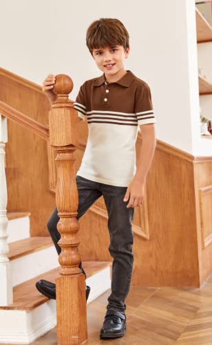 Boys Short Sleeve Polo Shirt, Button Closure, Knit Stretch Stripe T-Shirts for Kids and Teens 5-14 Years Brown