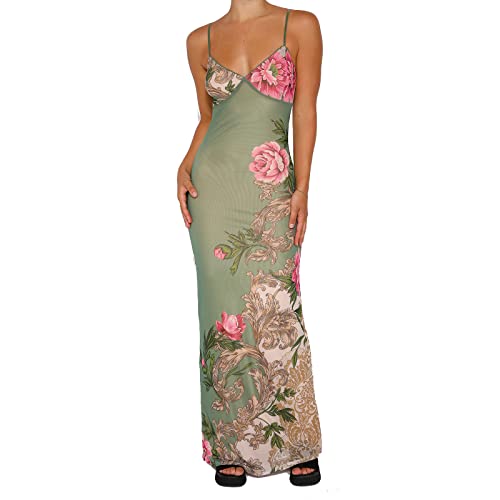 HOXIJIA Women Sleeveless Maxi Dress Backless Bodycon Floral Printed Spaghetti Strap Long Dress Hollow Out One-Piece Summer(H-Green, S)