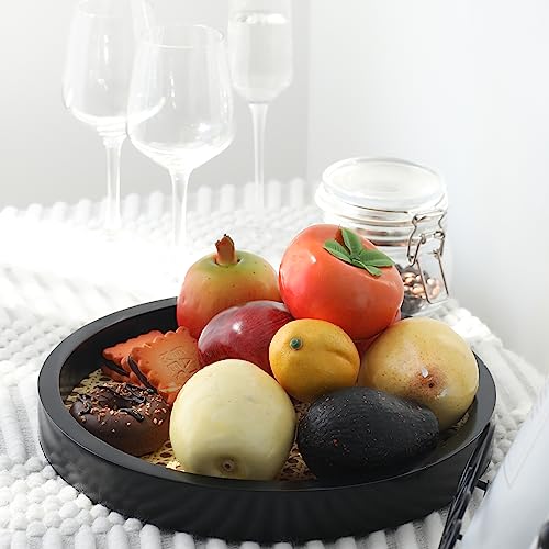 SwallowLiving Decorative Round Serving Tray with Imitated Rattan Handmade Ottoman Tray Boho Basket Wooden Black Frame Storage Tray 11.8” x 1.3“