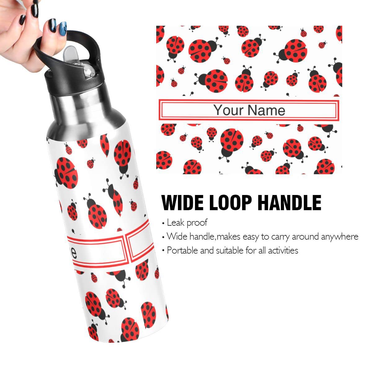 ZOEO Custom Water Bottle with Straw, Ladybug Childish Lid Thermos Kids Insulated Stainless Steel Water Flask Sports, 20 Oz Hot Cold