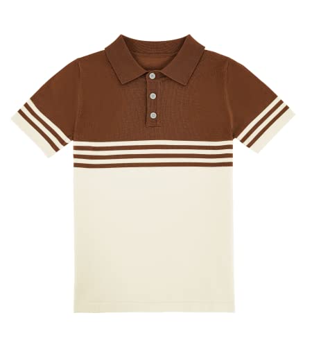 Boys Short Sleeve Polo Shirt, Button Closure, Knit Stretch Stripe T-Shirts for Kids and Teens 5-14 Years Brown