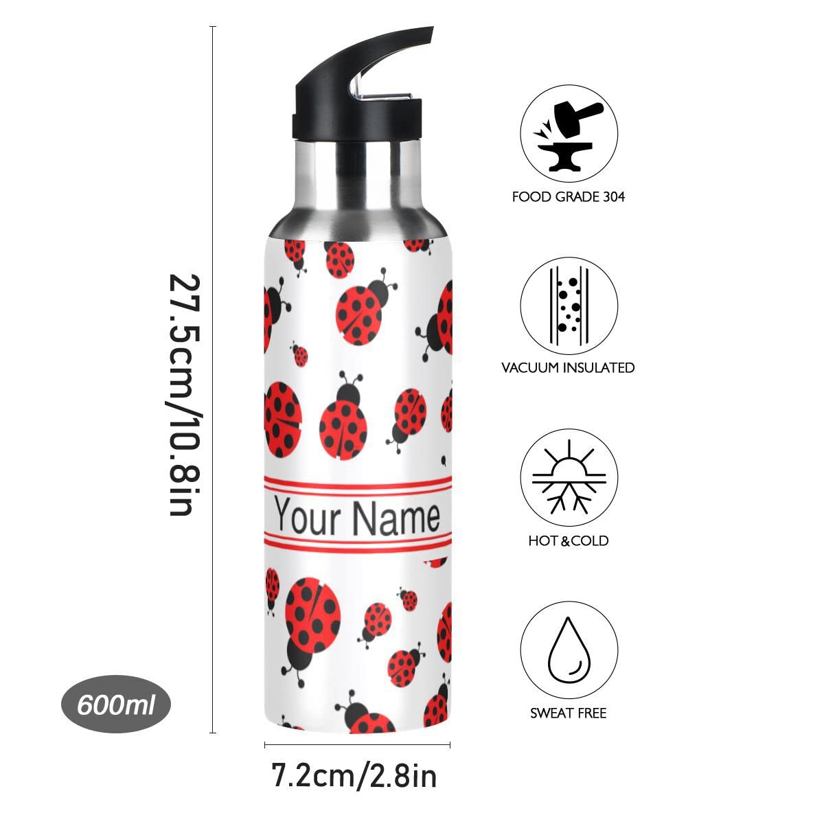 ZOEO Custom Water Bottle with Straw, Ladybug Childish Lid Thermos Kids Insulated Stainless Steel Water Flask Sports, 20 Oz Hot Cold