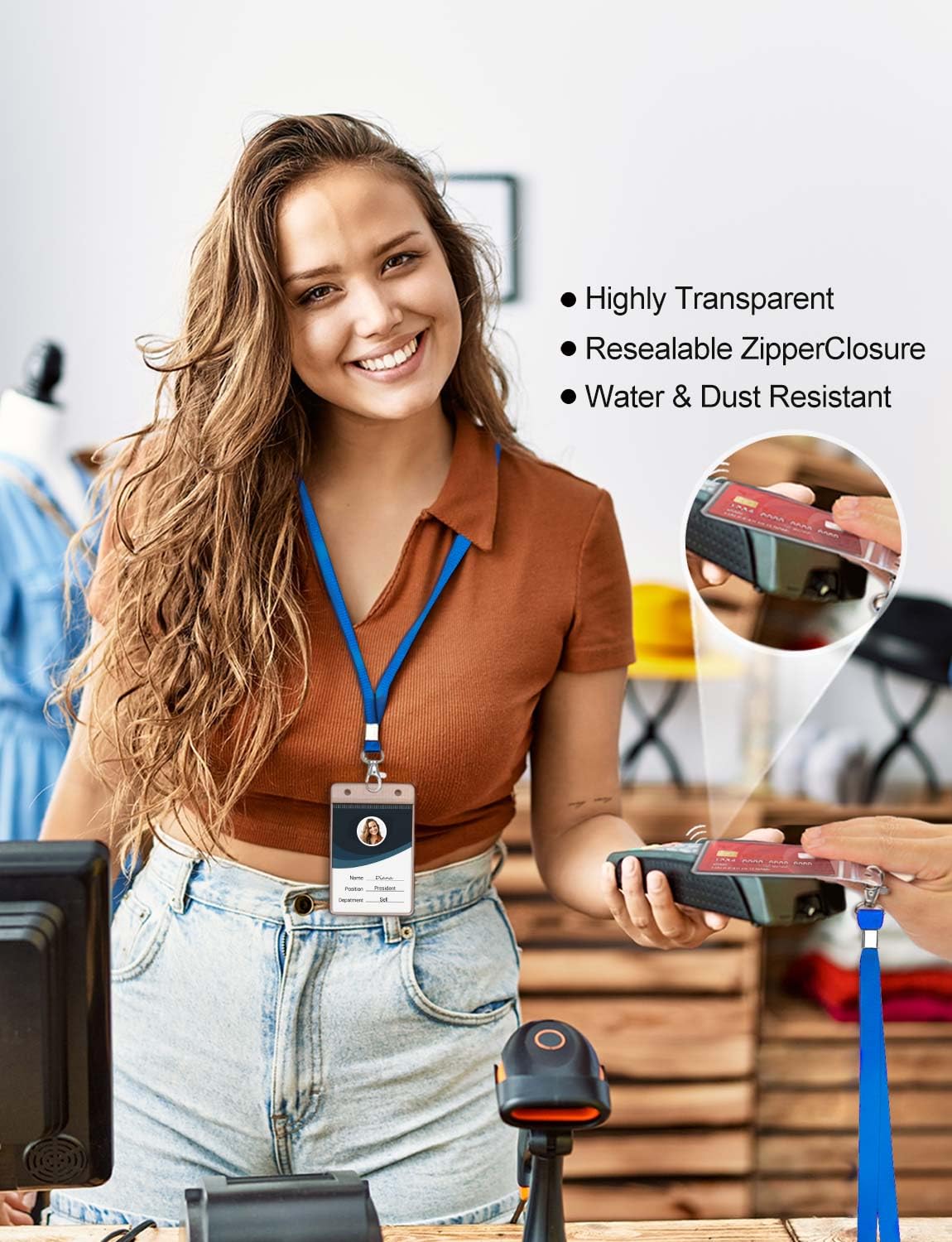 WILLIZTER Clear ID Badge Holder with Lanyard Water Proof Vertical Display Identification Card Name Card Protector with Zipper Resealable Nametag Holder (Blue-6pcs)