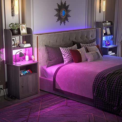 Tall Nightstand with Charging Station and LED Lights - 47" Tall Bedside Table with Adjustable Bookshelf, Industrial End Table Side Table with Storage Cabinet for Home Office, Enoch Walnut