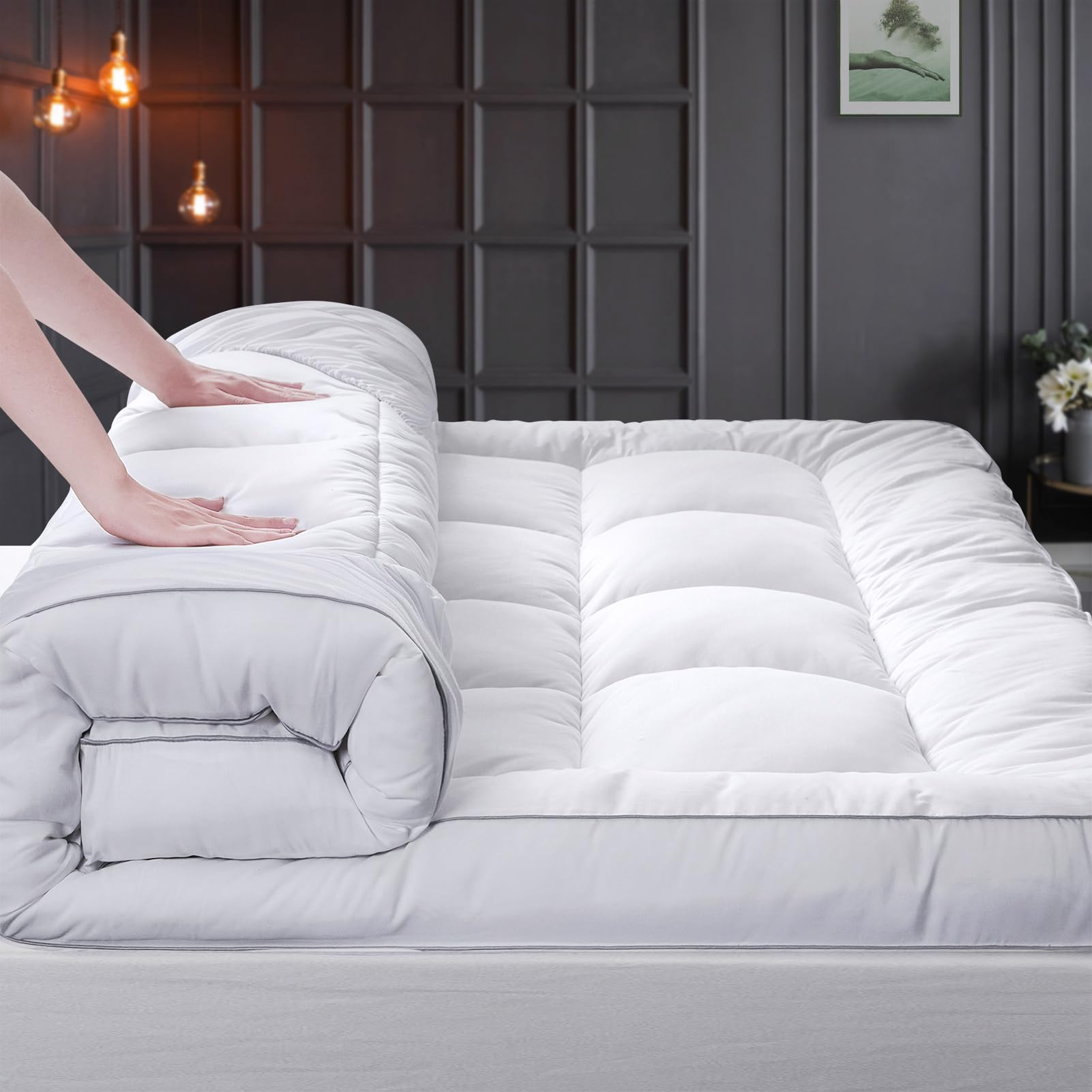 HYPREST Pillow Top Mattress Topper King, Extra Thick Mattress Topper 1300 GSM Down Alternative, 100% Cotton Soft Plush Bed Topper 8-24" Deep Pocket