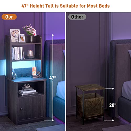 Tall Nightstand with Charging Station and LED Lights - 47" Tall Bedside Table with Adjustable Bookshelf, Industrial End Table Side Table with Storage Cabinet for Home Office, Enoch Walnut