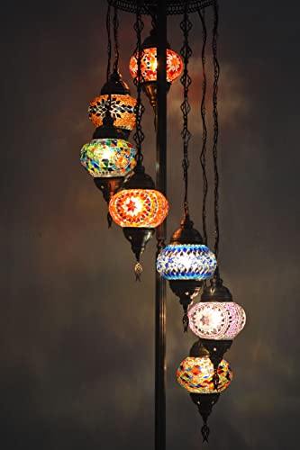 LaModaHome Handmade, Tiffany Style Glass, Turkish/Moroccan Lantern Ottoman Style Mosaic Floor Lamp (Red, 7 Globes)
