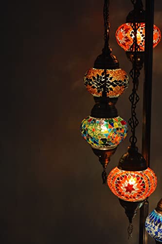LaModaHome Handmade, Tiffany Style Glass, Turkish/Moroccan Lantern Ottoman Style Mosaic Floor Lamp (Red, 7 Globes)
