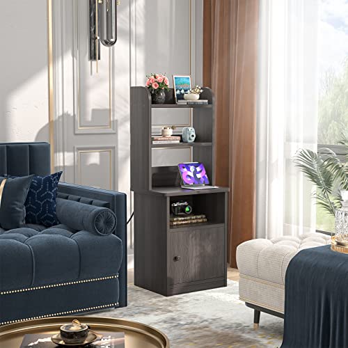 Tall Nightstand with Charging Station and LED Lights - 47" Tall Bedside Table with Adjustable Bookshelf, Industrial End Table Side Table with Storage Cabinet for Home Office, Enoch Walnut