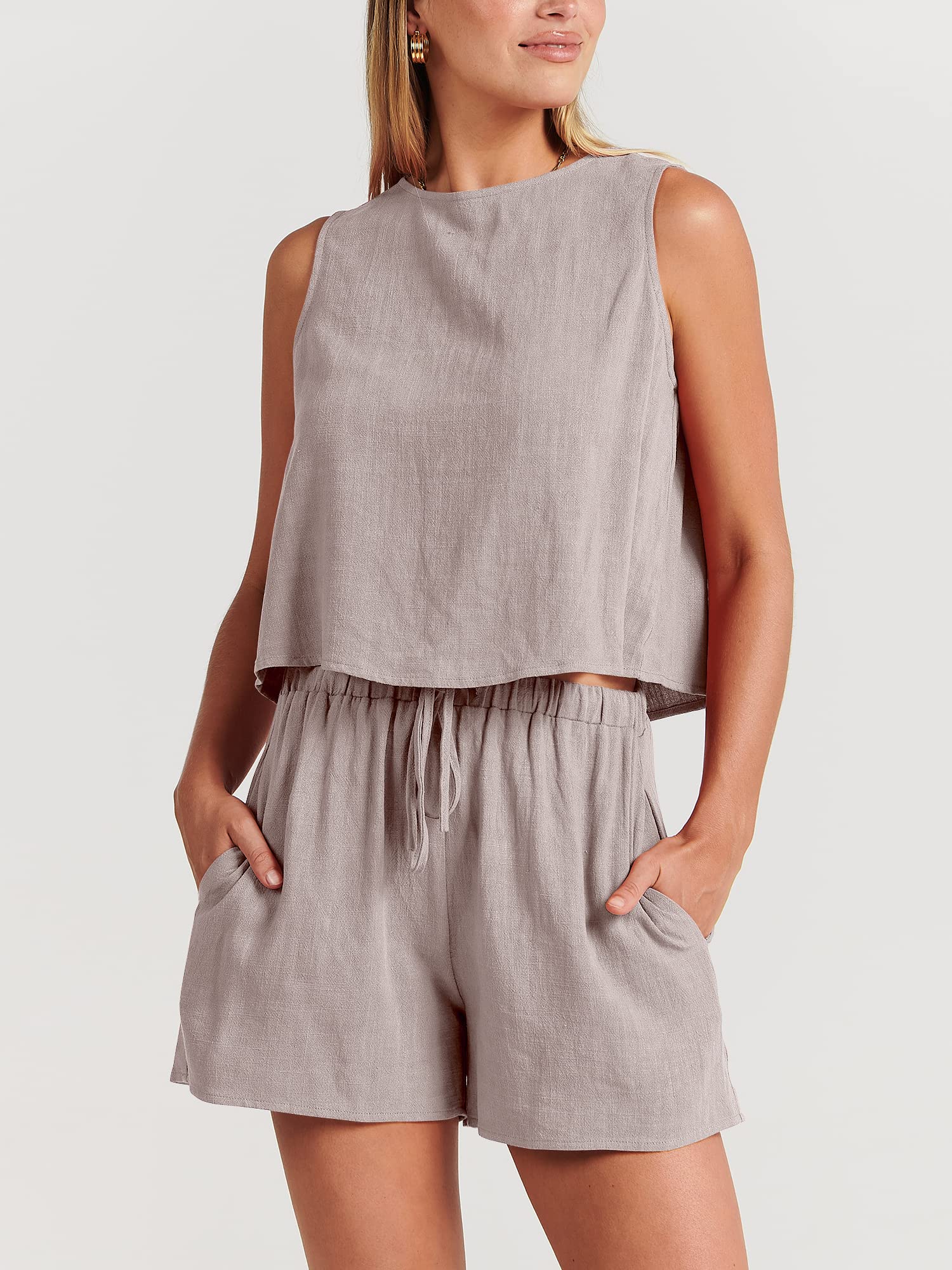 ANRABESS Women 2 Two Piece Outfits Lounge Matching Sets Linen Shorts Boho Aesthetic Clothes Sleeveless Tops 2023 Summer Outfits Vacation Beach 806yinhui-M, Light Grey