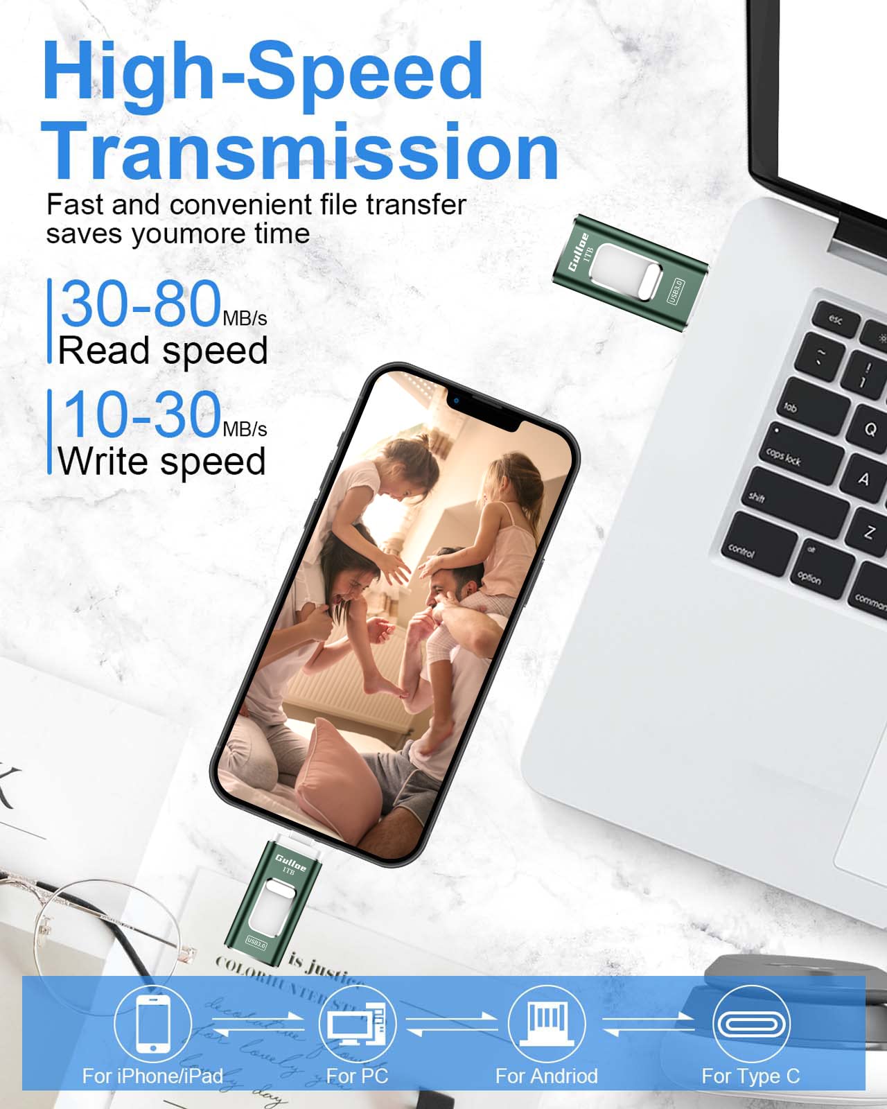 Flash Drive for iPhone 1TB, Gulloe USB Memory Stick Photo Stick External Storage Thumb Drive for iPhone iPad Android Computer (Light Green)