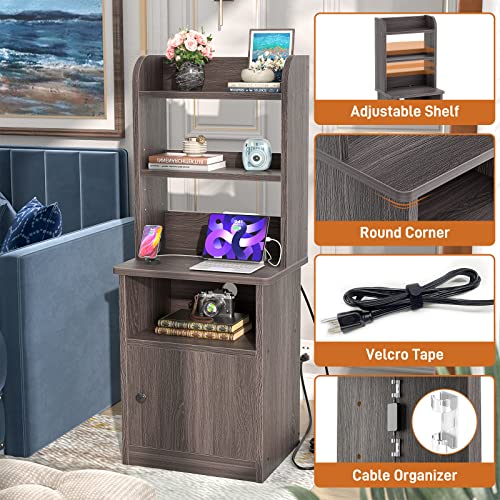 Tall Nightstand with Charging Station and LED Lights - 47" Tall Bedside Table with Adjustable Bookshelf, Industrial End Table Side Table with Storage Cabinet for Home Office, Enoch Walnut