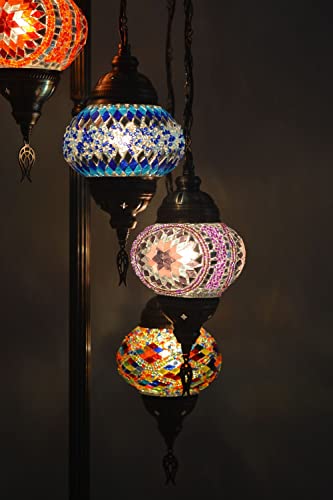LaModaHome Handmade, Tiffany Style Glass, Turkish/Moroccan Lantern Ottoman Style Mosaic Floor Lamp (Red, 7 Globes)