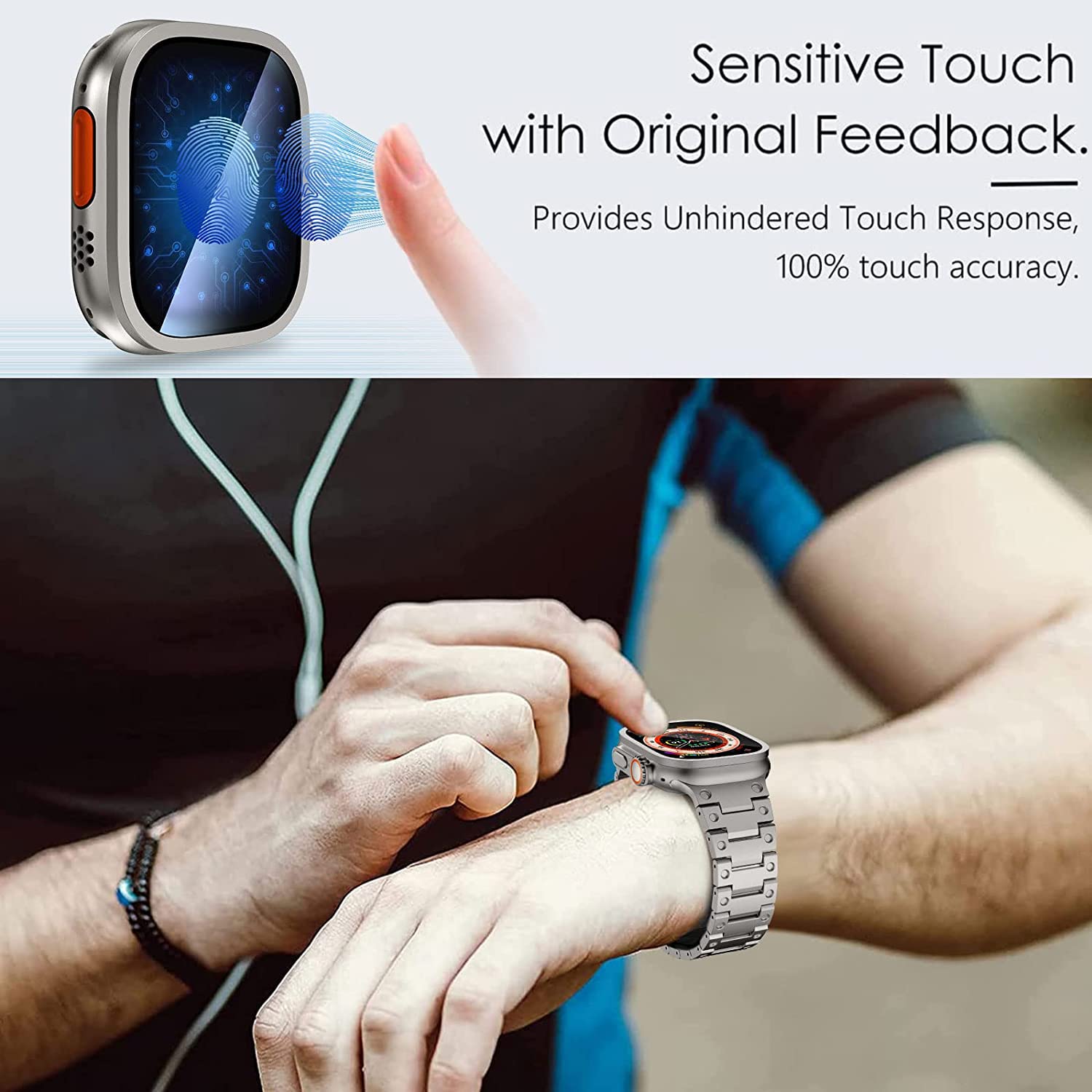 WINGLE 2-Pack for Apple Watch Ultra Screen Protector 49mm Case, 9H Tempered Glass + Titanium Alloy Frame [Keep Original] [Sensitive Touch] Protective Glass Film for iWatch Ultra,Original + Orange