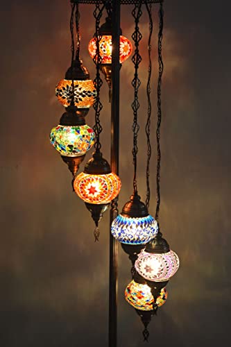 LaModaHome Handmade, Tiffany Style Glass, Turkish/Moroccan Lantern Ottoman Style Mosaic Floor Lamp (Red, 7 Globes)