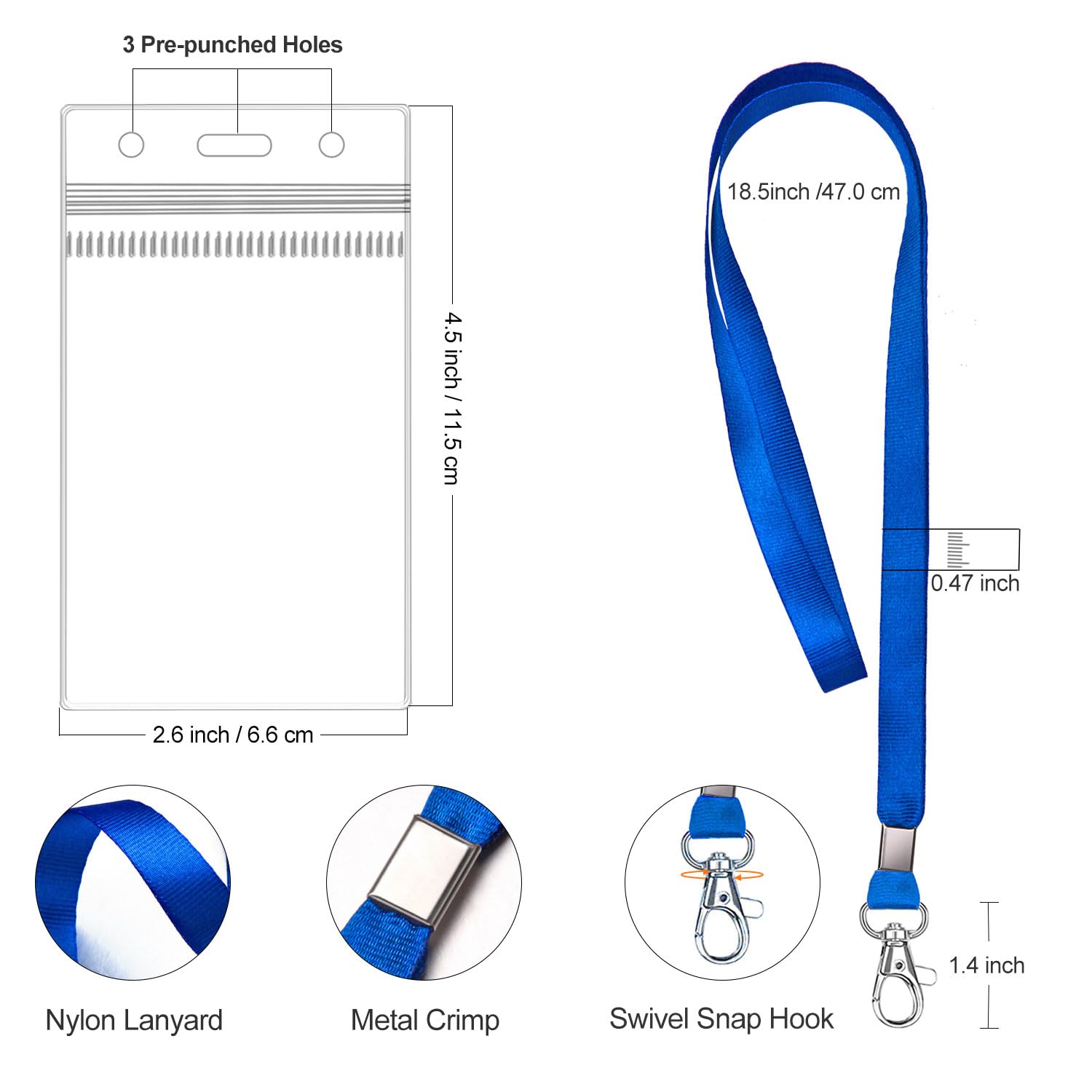 WILLIZTER Clear ID Badge Holder with Lanyard Water Proof Vertical Display Identification Card Name Card Protector with Zipper Resealable Nametag Holder (Blue-6pcs)