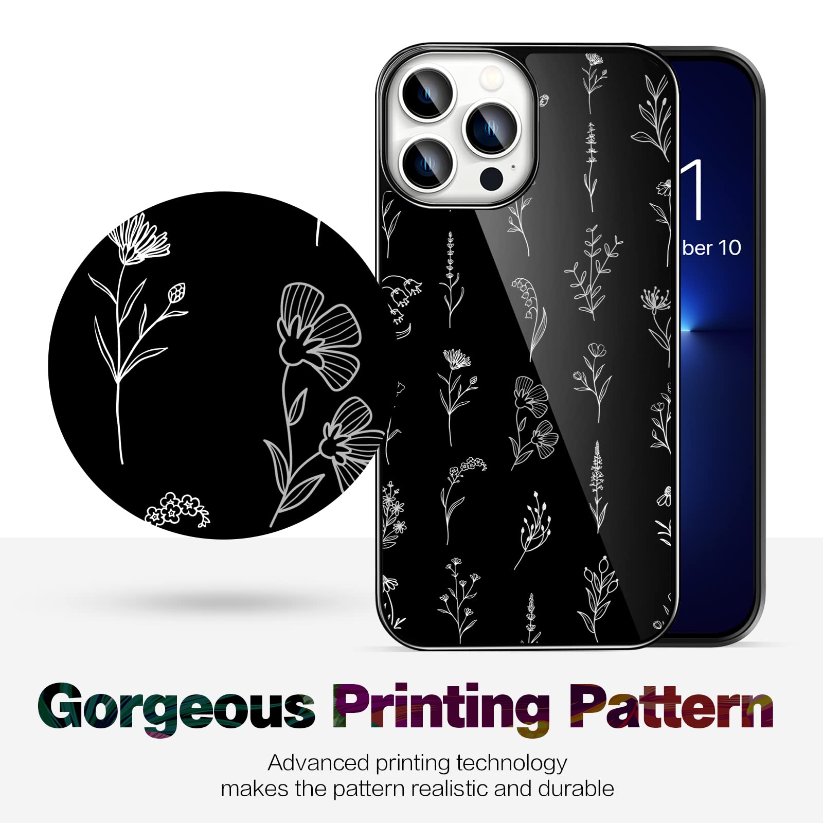 GULTMEE [3 in 1 Designed for iPhone 13 Pro Max Case Black Wildflowers Print Tire Texture Non-Slip Shockproof Protective Case Tempered Glass Screen Protector + Camera Lens Protector, 6.7 inch 2021