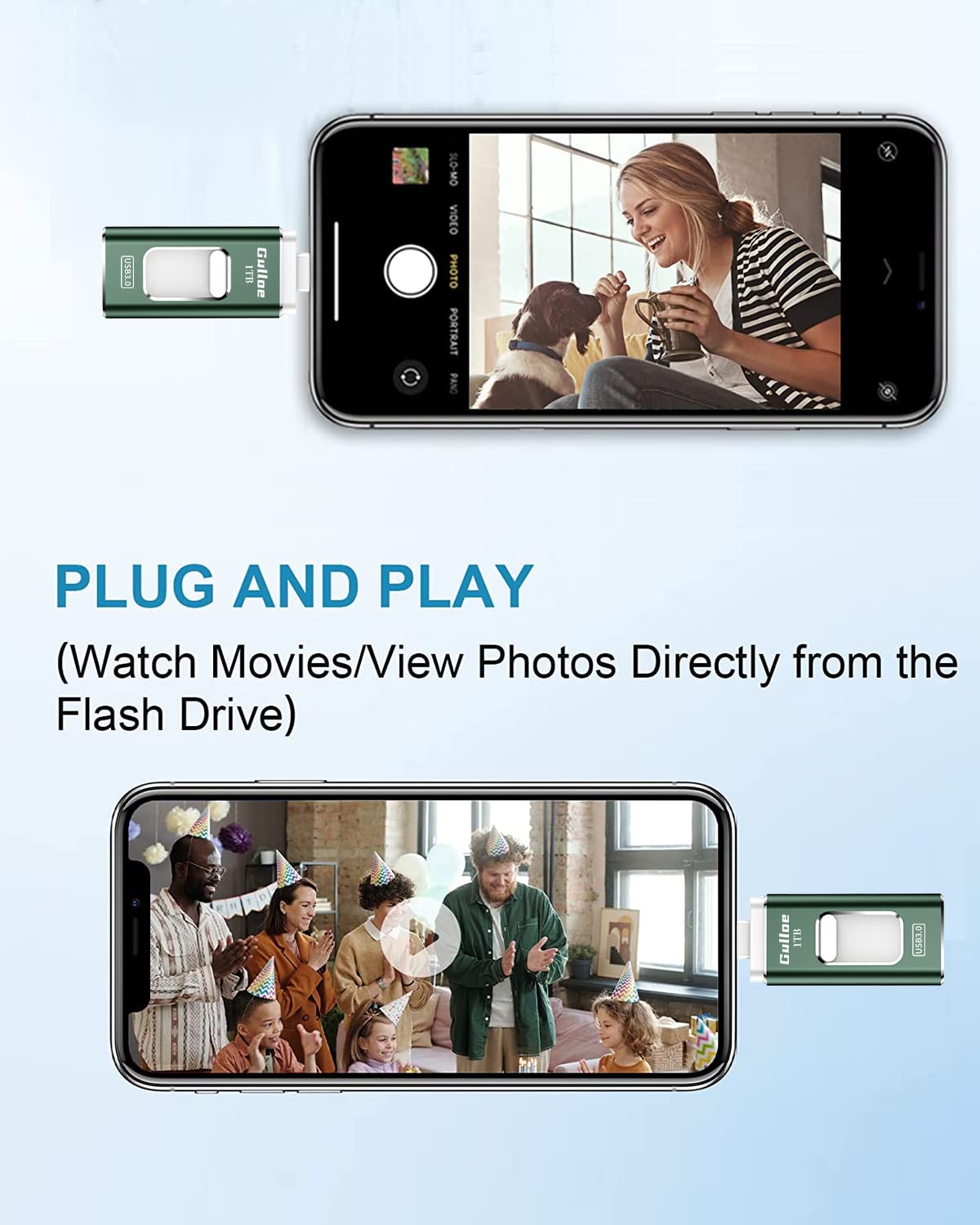 Flash Drive for iPhone 1TB, Gulloe USB Memory Stick Photo Stick External Storage Thumb Drive for iPhone iPad Android Computer (Light Green)