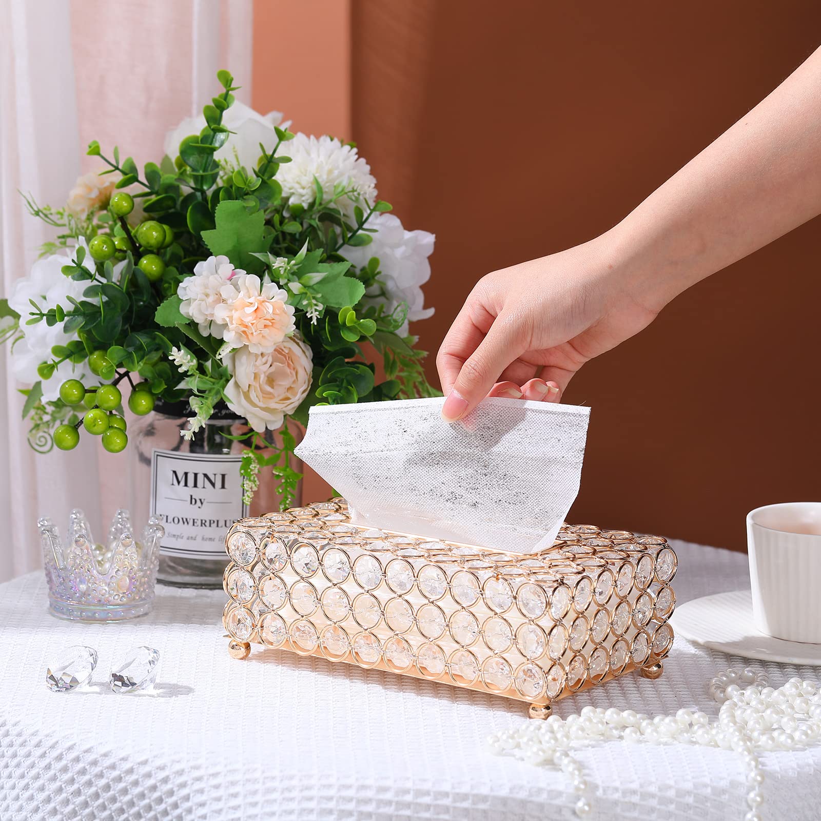 2 Pieces Rectangular Crystal Tissue Box Cover Crystal Tissue Box Holder Bling Tissue Holder Decorative Toilet Paper Box Rectangle Steel Napkin Case Napkins Container for Bathroom Table Decor (Gold)
