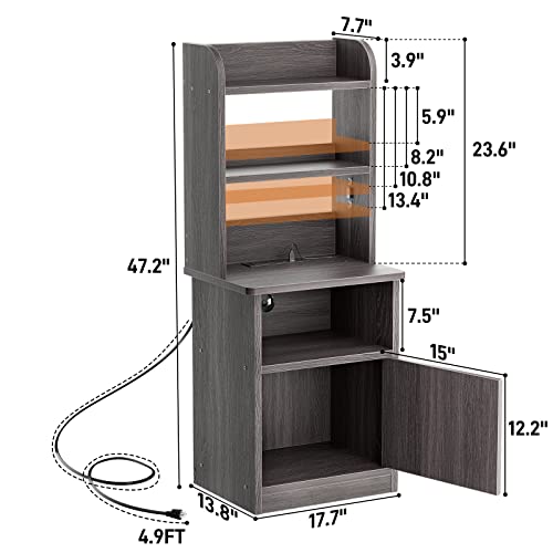 Tall Nightstand with Charging Station and LED Lights - 47" Tall Bedside Table with Adjustable Bookshelf, Industrial End Table Side Table with Storage Cabinet for Home Office, Enoch Walnut