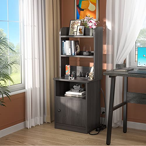 Tall Nightstand with Charging Station and LED Lights - 47" Tall Bedside Table with Adjustable Bookshelf, Industrial End Table Side Table with Storage Cabinet for Home Office, Enoch Walnut