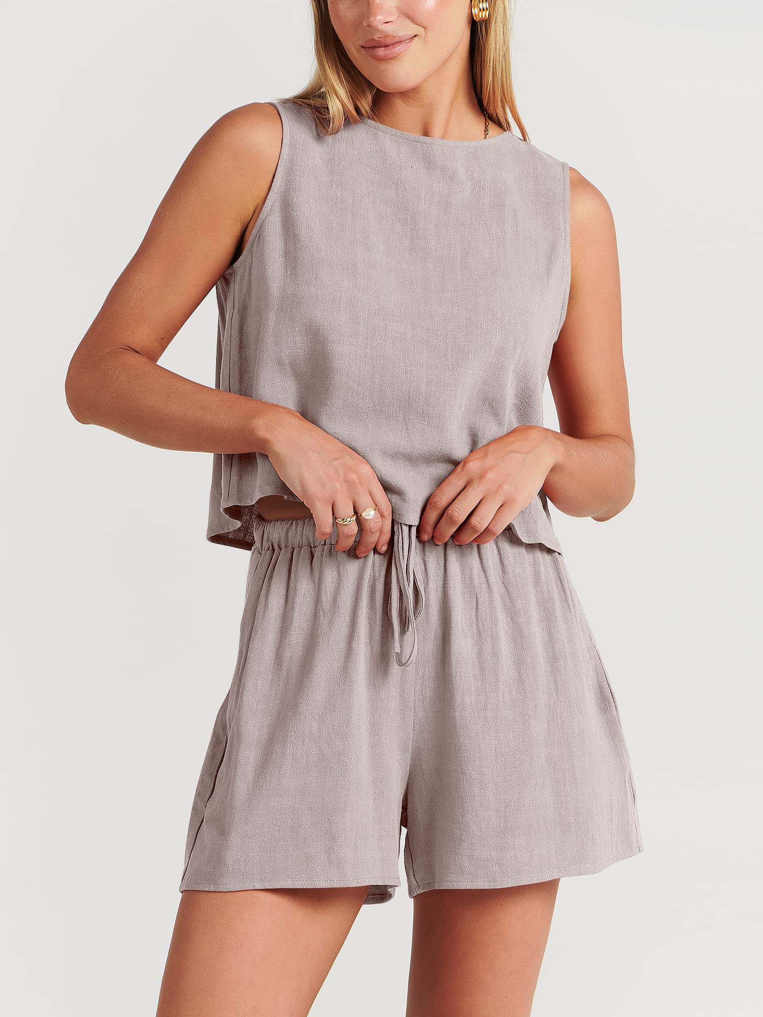 ANRABESS Women 2 Two Piece Outfits Lounge Matching Sets Linen Shorts Boho Aesthetic Clothes Sleeveless Tops 2023 Summer Outfits Vacation Beach 806yinhui-M, Light Grey