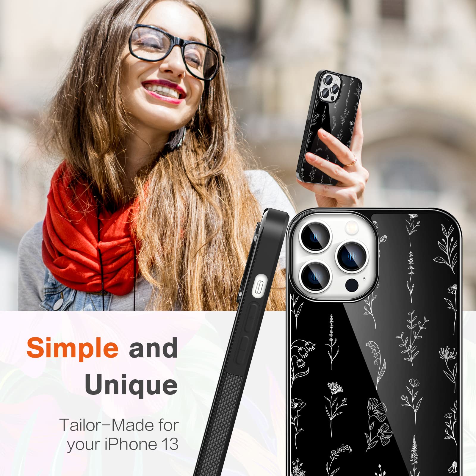 GULTMEE [3 in 1 Designed for iPhone 13 Pro Max Case Black Wildflowers Print Tire Texture Non-Slip Shockproof Protective Case Tempered Glass Screen Protector + Camera Lens Protector, 6.7 inch 2021