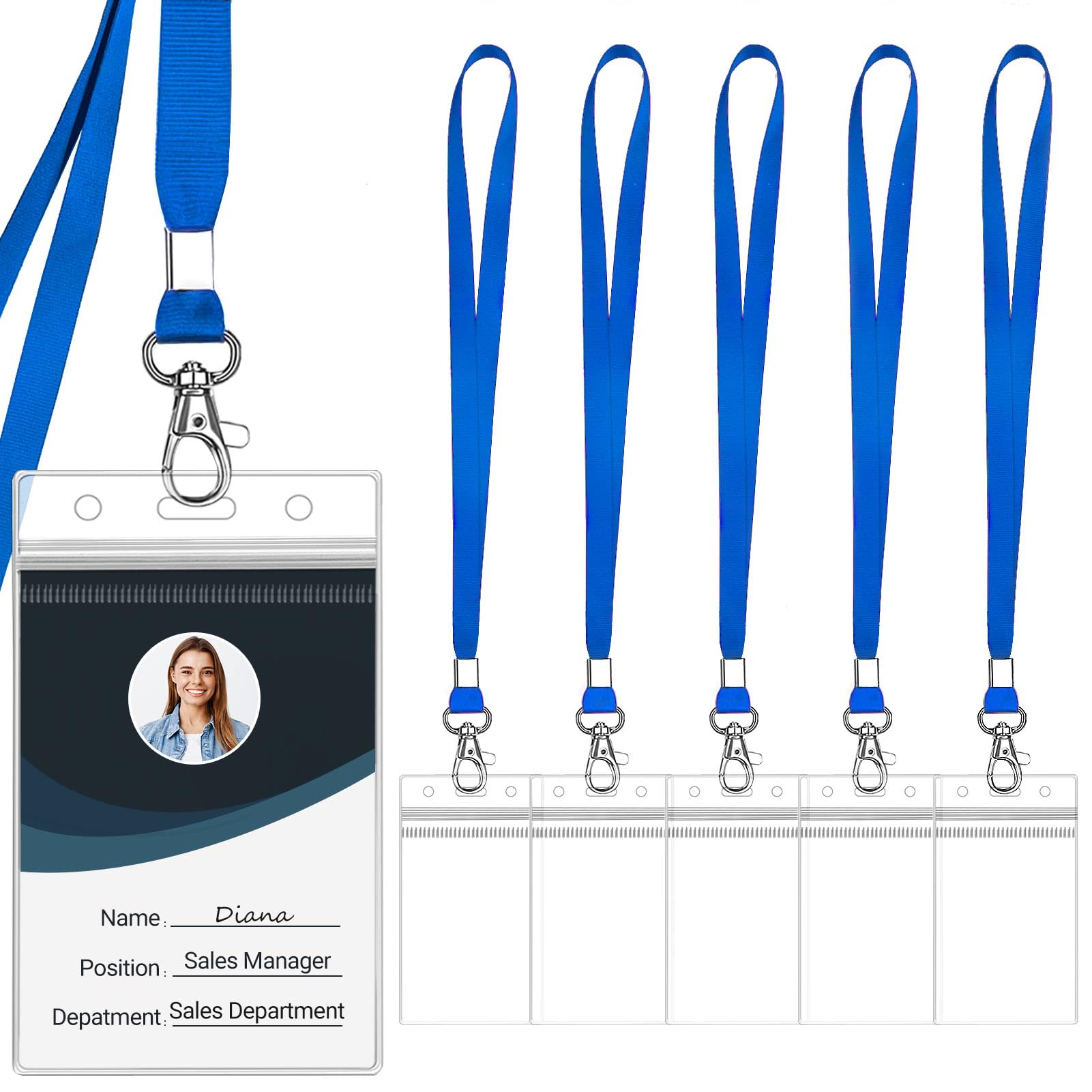 WILLIZTER Clear ID Badge Holder with Lanyard Water Proof Vertical Display Identification Card Name Card Protector with Zipper Resealable Nametag Holder (Blue-6pcs)