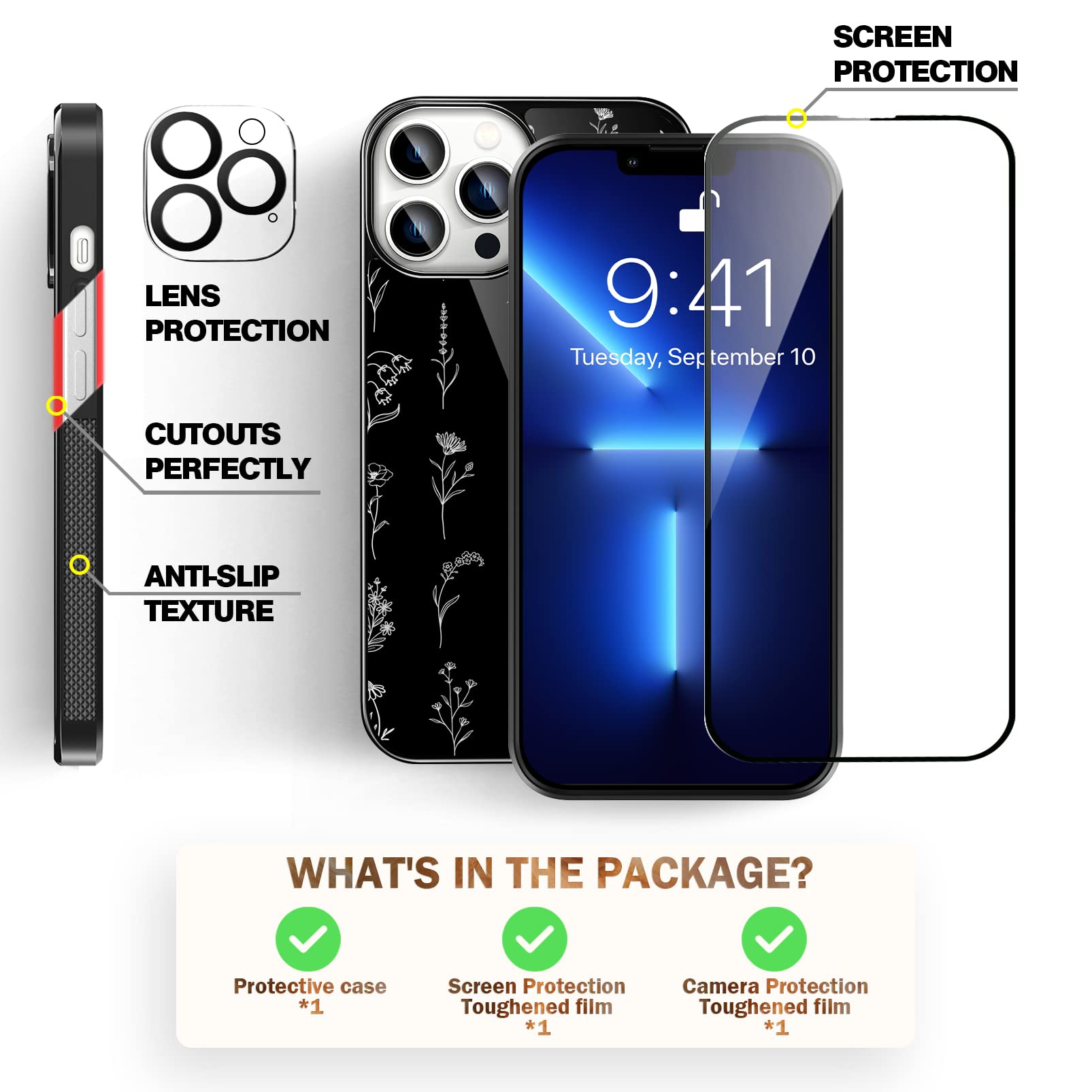 GULTMEE [3 in 1 Designed for iPhone 13 Pro Max Case Black Wildflowers Print Tire Texture Non-Slip Shockproof Protective Case Tempered Glass Screen Protector + Camera Lens Protector, 6.7 inch 2021