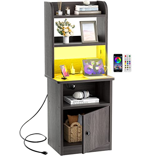 Tall Nightstand with Charging Station and LED Lights - 47" Tall Bedside Table with Adjustable Bookshelf, Industrial End Table Side Table with Storage Cabinet for Home Office, Enoch Walnut