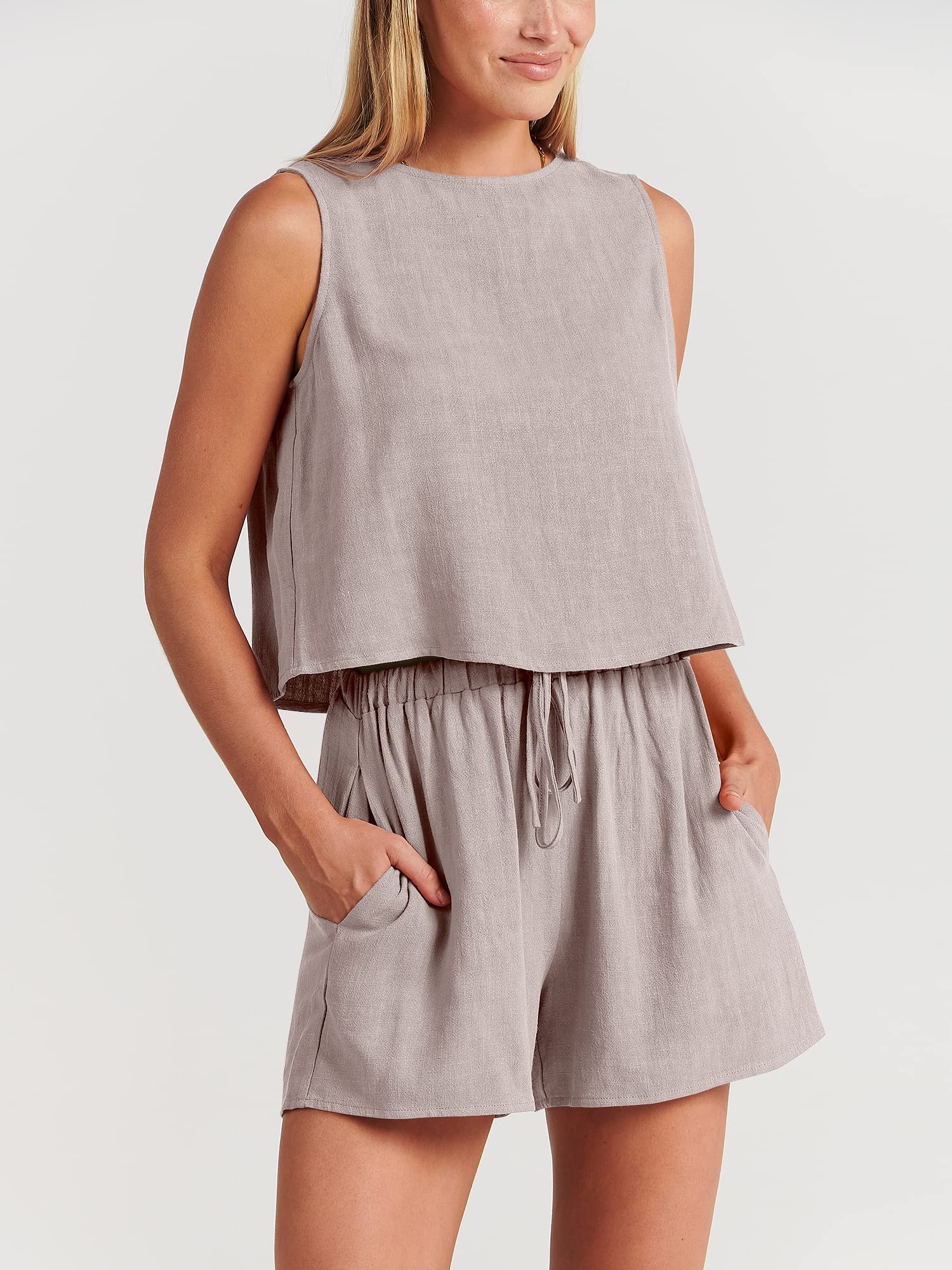 ANRABESS Women 2 Two Piece Outfits Lounge Matching Sets Linen Shorts Boho Aesthetic Clothes Sleeveless Tops 2023 Summer Outfits Vacation Beach 806yinhui-M, Light Grey