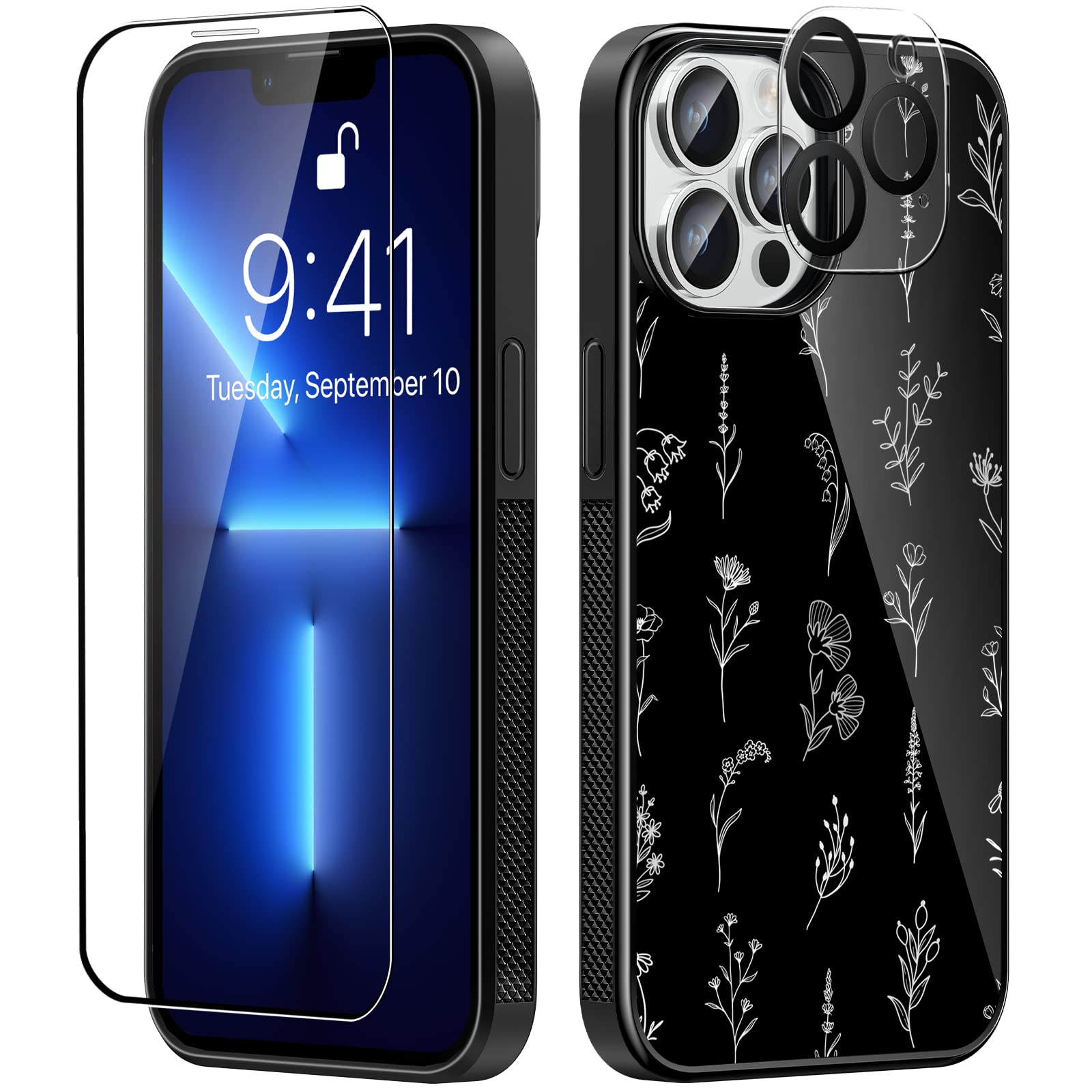 GULTMEE [3 in 1 Designed for iPhone 13 Pro Max Case Black Wildflowers Print Tire Texture Non-Slip Shockproof Protective Case Tempered Glass Screen Protector + Camera Lens Protector, 6.7 inch 2021
