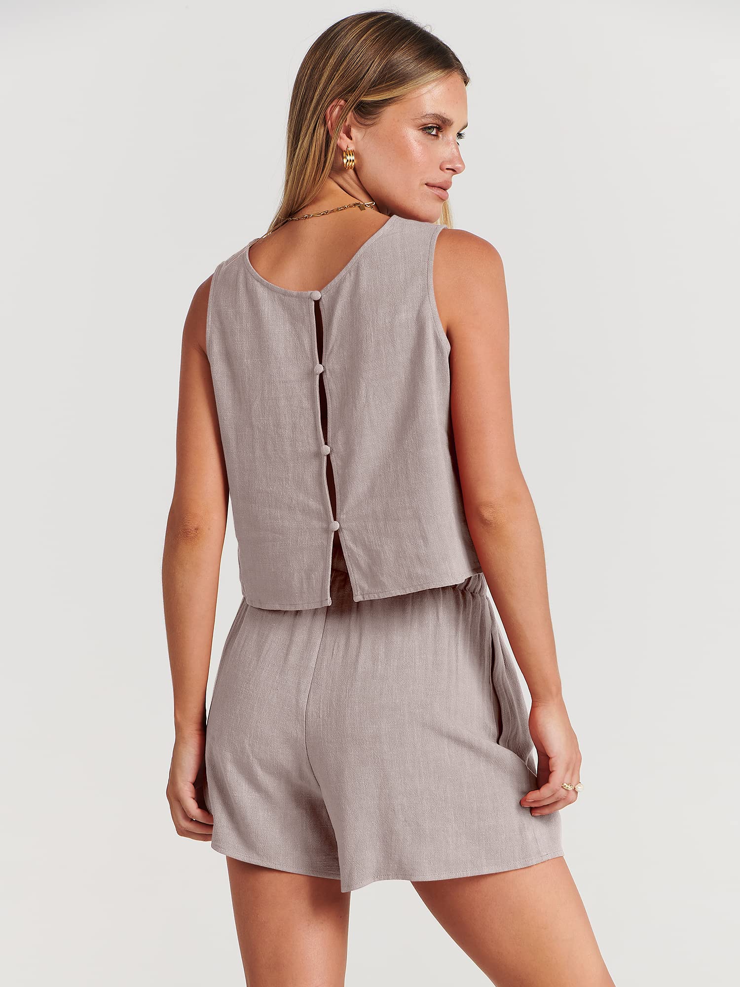 ANRABESS Women 2 Two Piece Outfits Lounge Matching Sets Linen Shorts Boho Aesthetic Clothes Sleeveless Tops 2023 Summer Outfits Vacation Beach 806yinhui-M, Light Grey