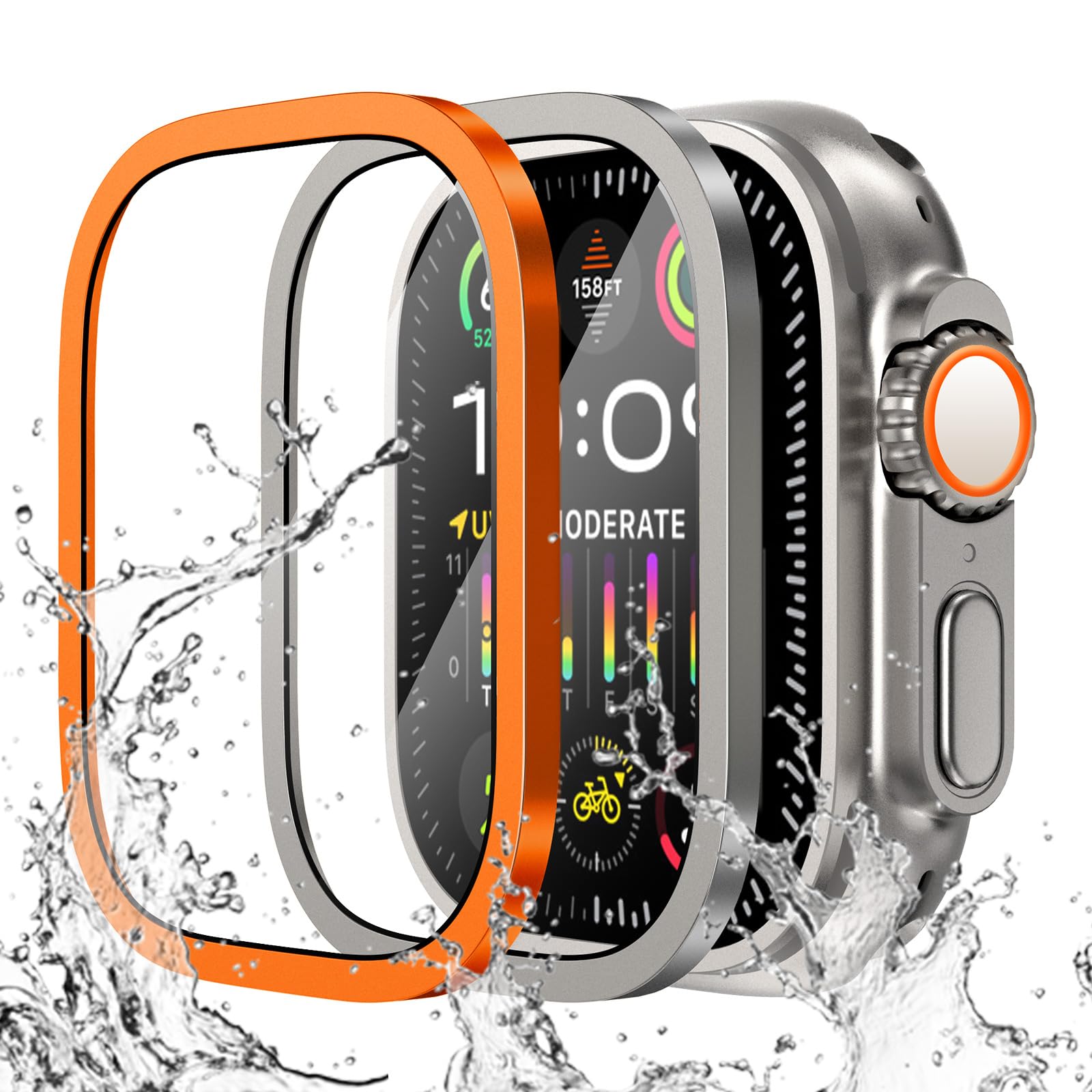 WINGLE 2-Pack for Apple Watch Ultra Screen Protector 49mm Case, 9H Tempered Glass + Titanium Alloy Frame [Keep Original] [Sensitive Touch] Protective Glass Film for iWatch Ultra,Original + Orange