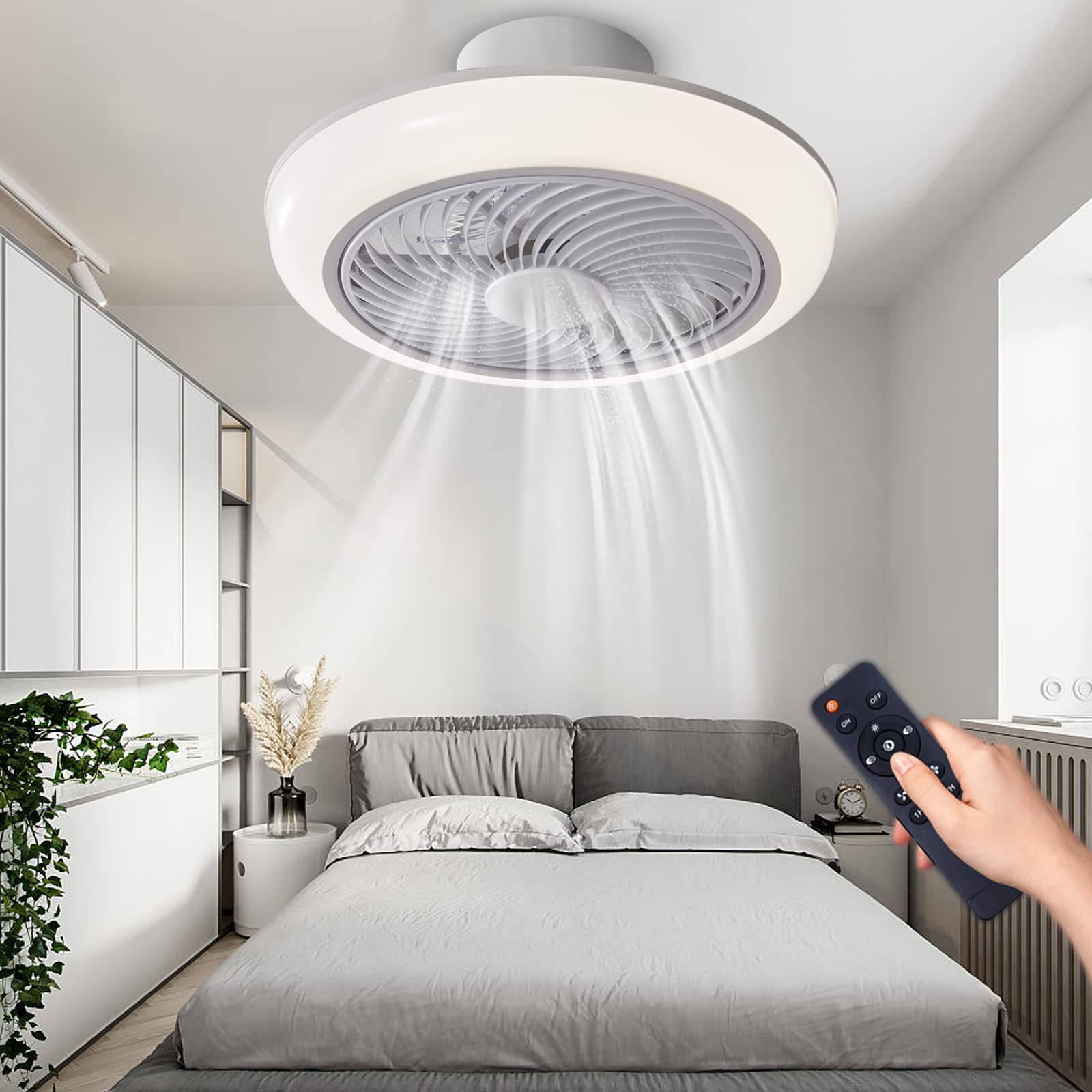 PINFM 16in Remote Invisible Ceiling Fan,72W Flush Mount Low Profile, 3 Speeds, 3 Wind Speed Ceiling Fan and Lights,(1/2h) Timing,for Kitchen, Living Bed Room.